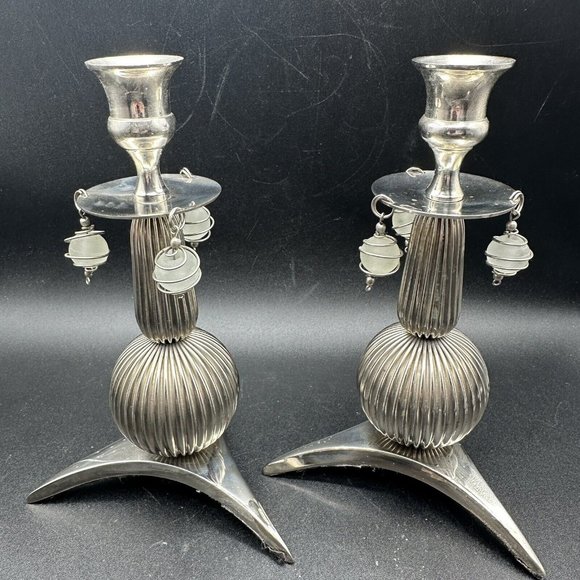 Accents | Candlestick Holders Set Art Deco Silvertone Atomic Shape ...